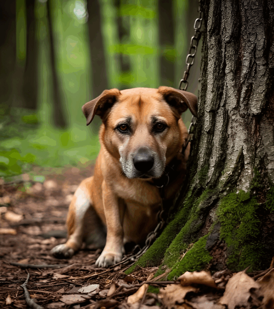 De hond werd diep het bos in gebracht en aan een boom vastgebonden ...